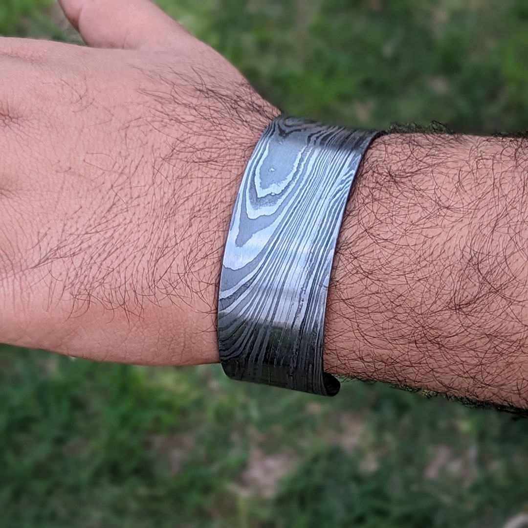 Thick Damascus Cuff Bracelet , Thick Round Shape Cuff, Wide Width ...