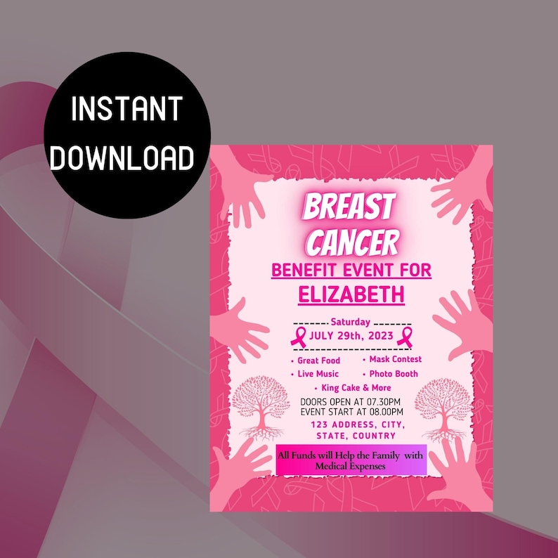 EDITABLE Breast Cancer Fundraiser Event Flyer, Cancer Benefit ...