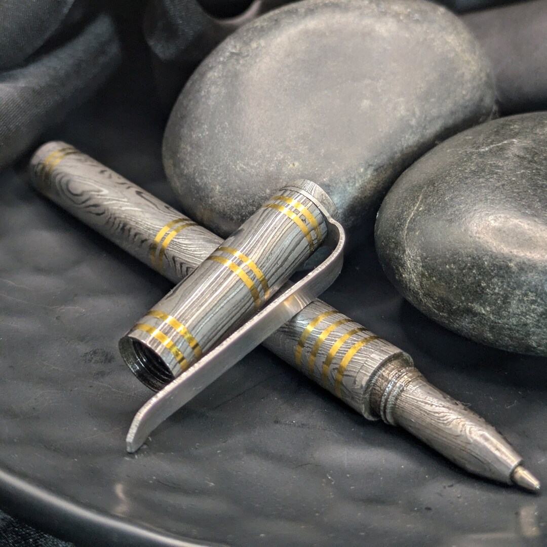 Pure Damascus Pen With Brass Contrast Handmade, Damascus Pen Hand ...