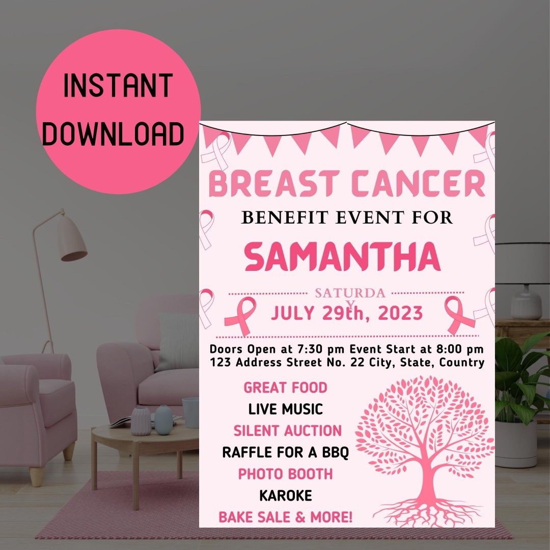 EDITABLE Breast Cancer Fundraiser Event Flyer, Cancer Benefit ...