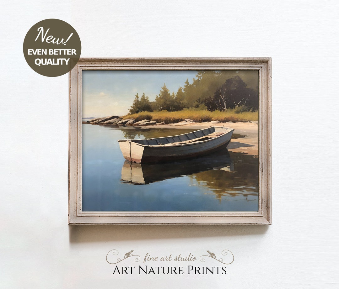 Traditional Beige Green Boat Lake Art Print | Impressionist Painting ...