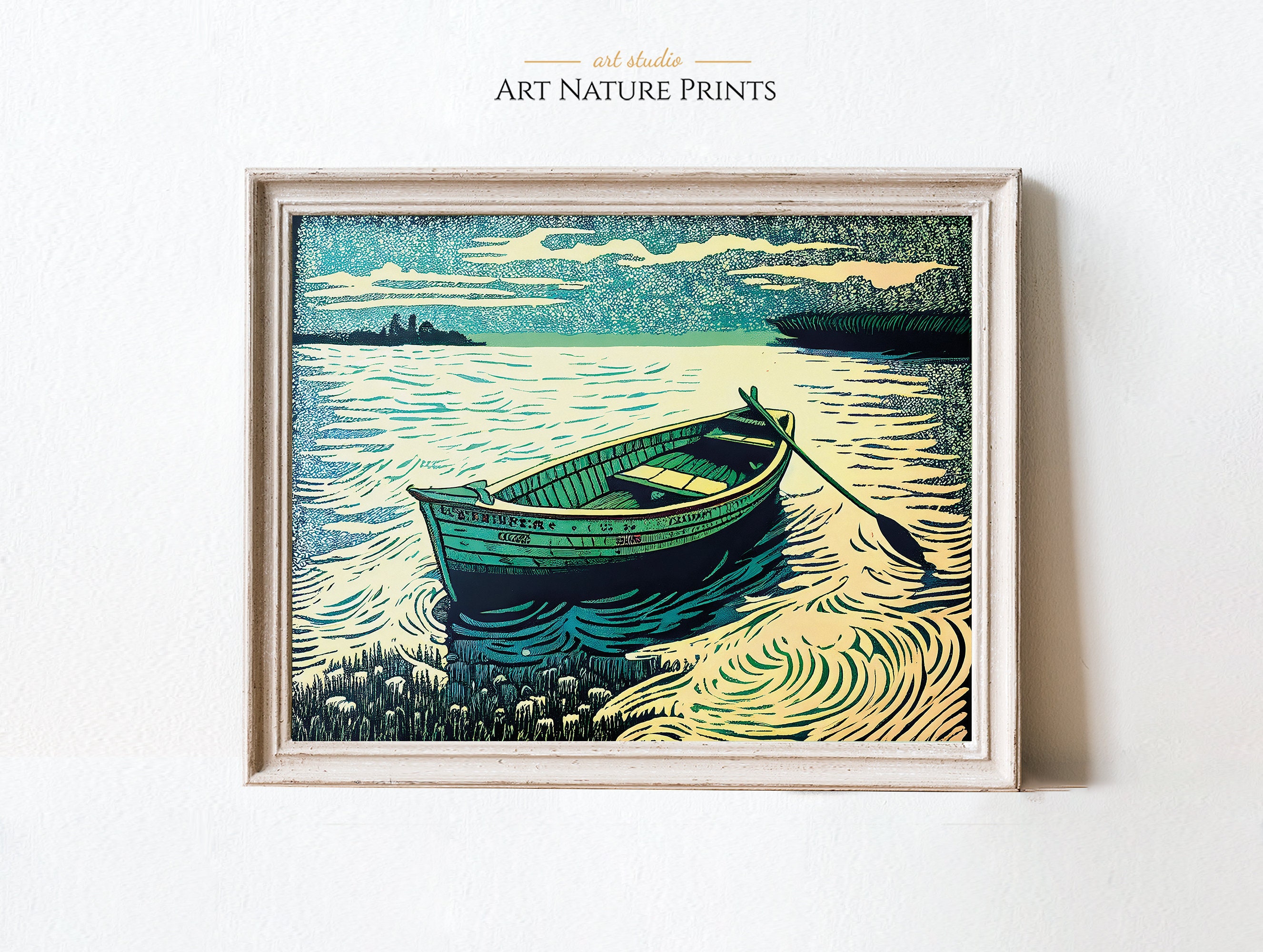 Modern Posterized Serene Blue Boat on Water Painting Van Gogh Inspired ...