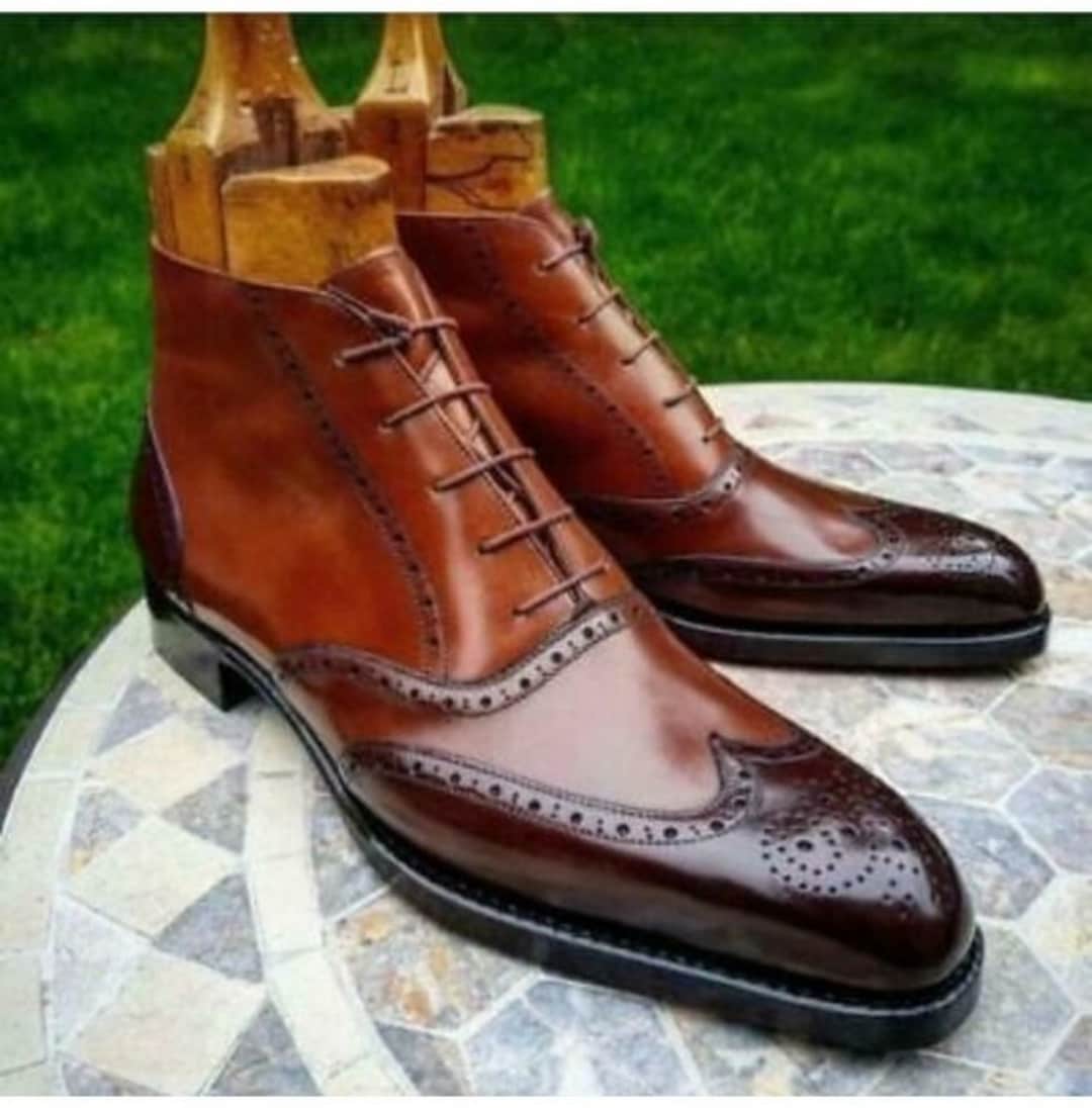 Mens Wing Tip Brogue Style Office Boots, High Ankle Lace up Leather ...