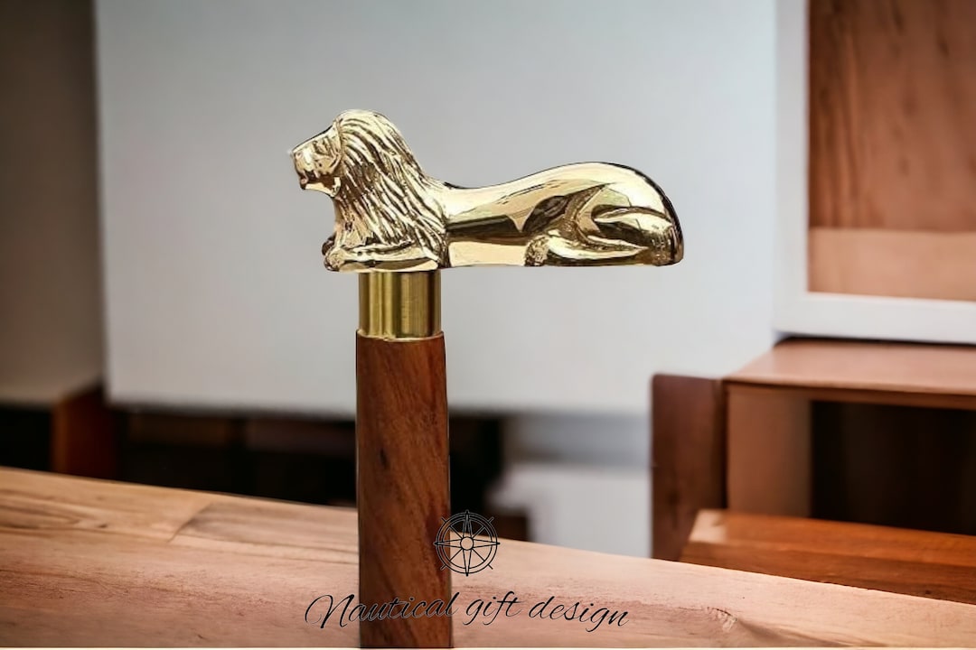 Vintage Solid Brass Lion Head Walking Stick Wooden Shaft Walking Cane ...