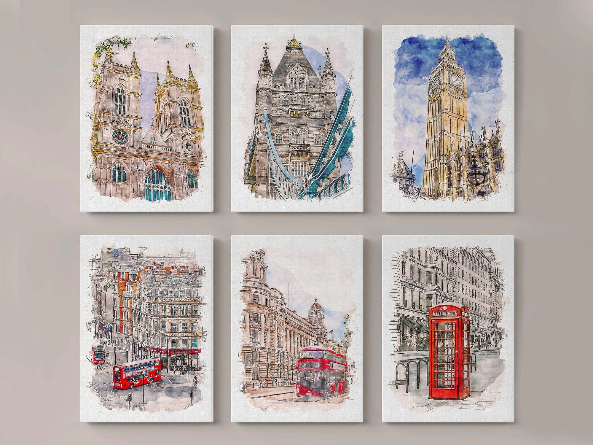 London Prints Wall Art Travel Posters Set of 6, Watercolor London ...