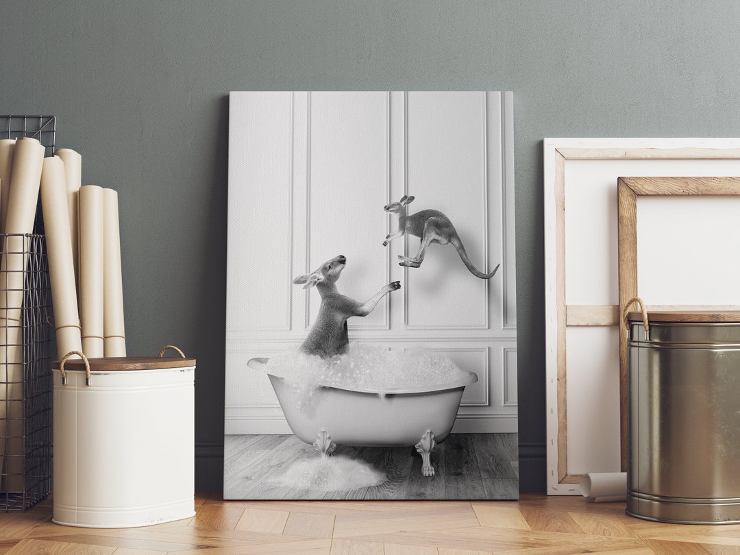 Kangaroo Bath Time Wall Art, Cute Bathroom Decor, Black & White ...