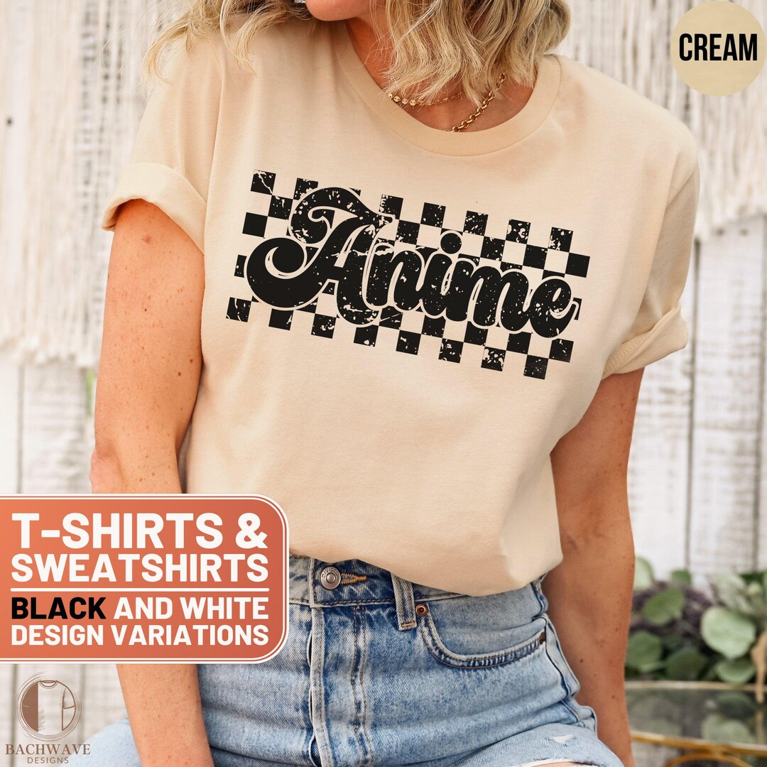 Checkered Anime Graphic Tee, Black and White Pattern Unisex T-shirt ...