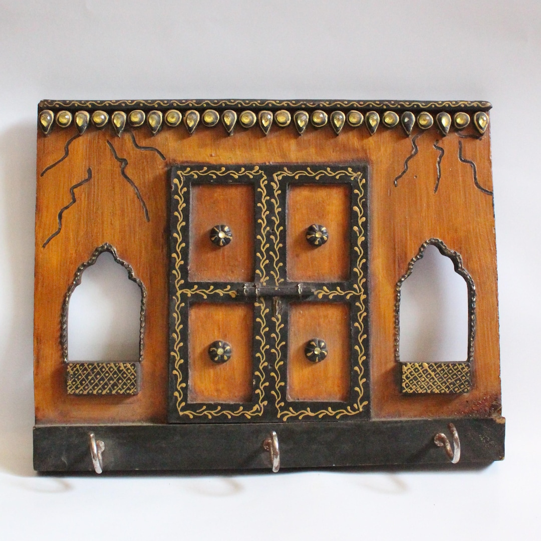 Antique Brown Paper Mache Jharokha Key Holder | 3 Key Hooks ...