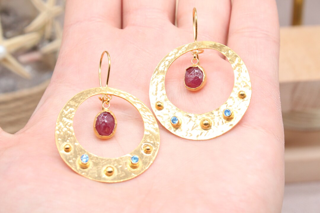 Ancient Raw Ruby Silver Earrings, Natural Ruby Silver Earrings, Hoop ...