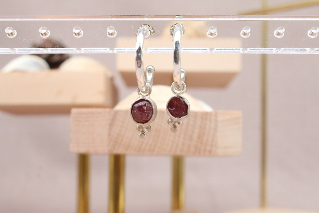 Raw Ruby Charm Silver Earrings, Natural Ruby Silver Earrings, Hoop ...