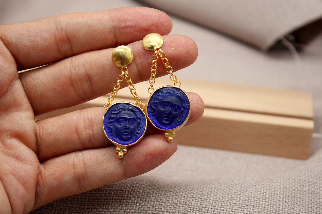 Intaglio Apollo Goddess Earrings, Gold Carved Earrings, Hammered ...