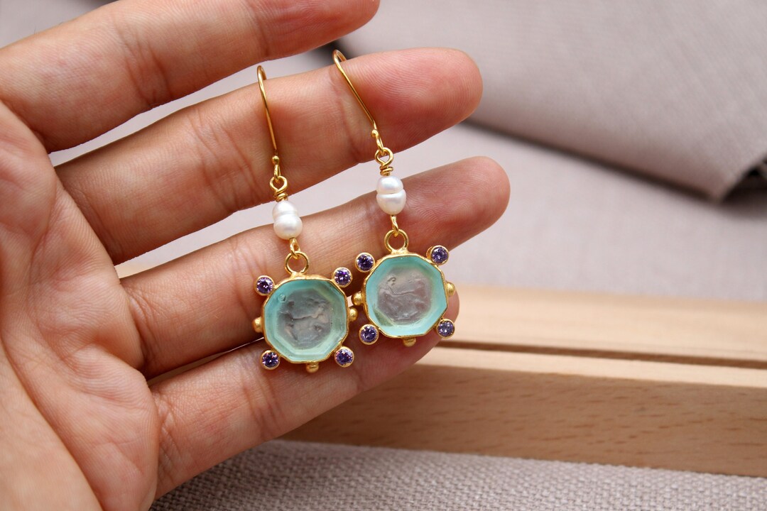 Handmade Intaglio Silver Earrings With Greek God Figure Adorned With ...