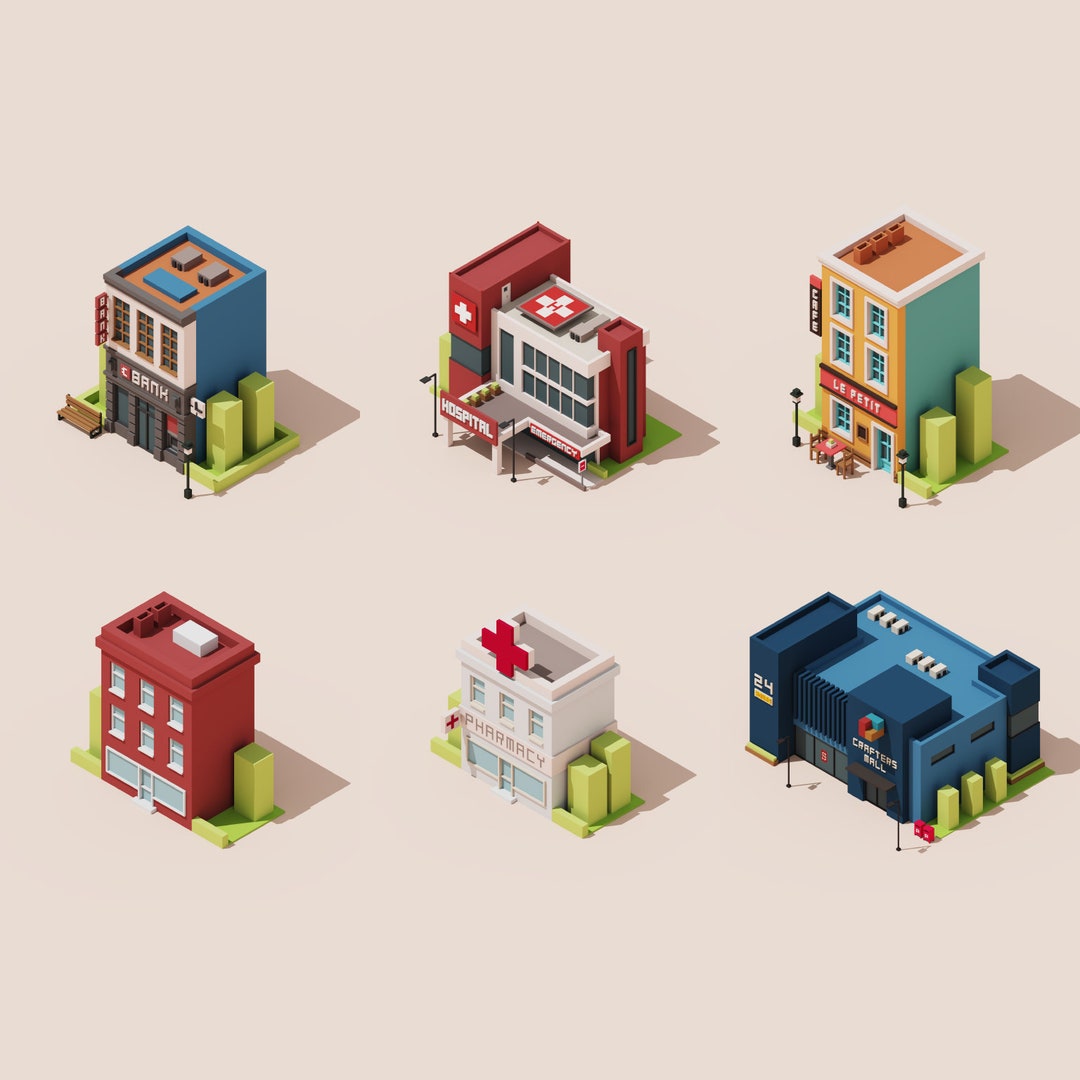 3D Voxel Building Models for 3D Print and Gaming, STL File, OBJ File ...