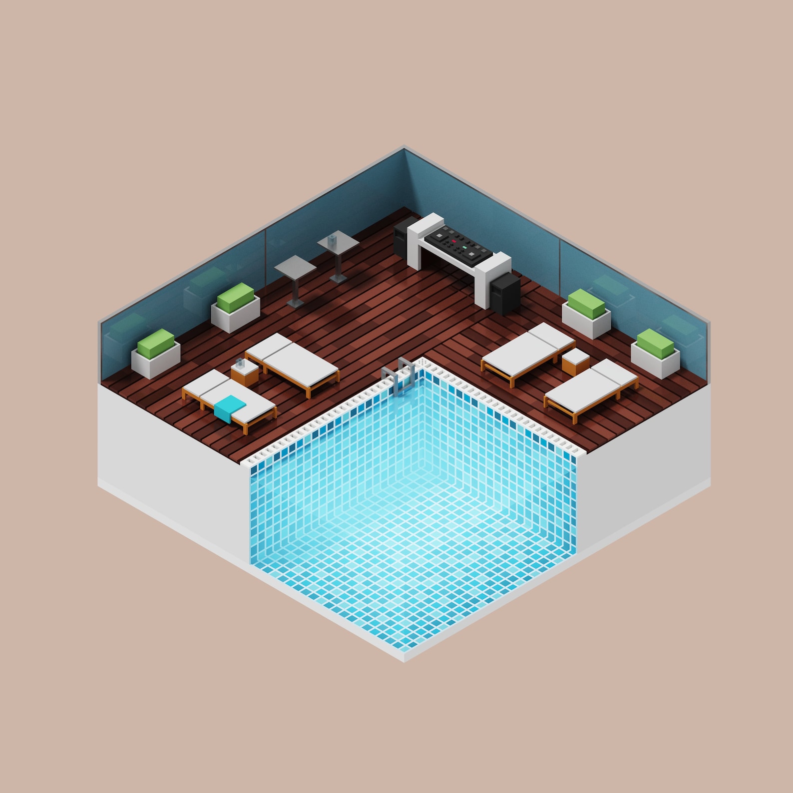 Rooftop Pool Party Voxel Model for 3D Print and Gaming, STL File, OBJ File, VOX File, Isometric ...