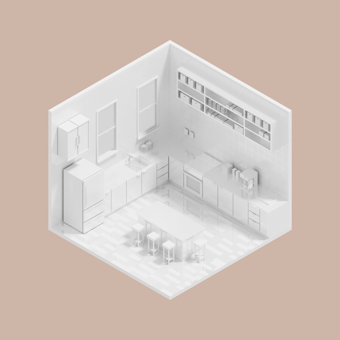 Kitchen - Voxel Model for 3D Print and Gaming, STL File, OBJ File, VOX File, Isometric House ...