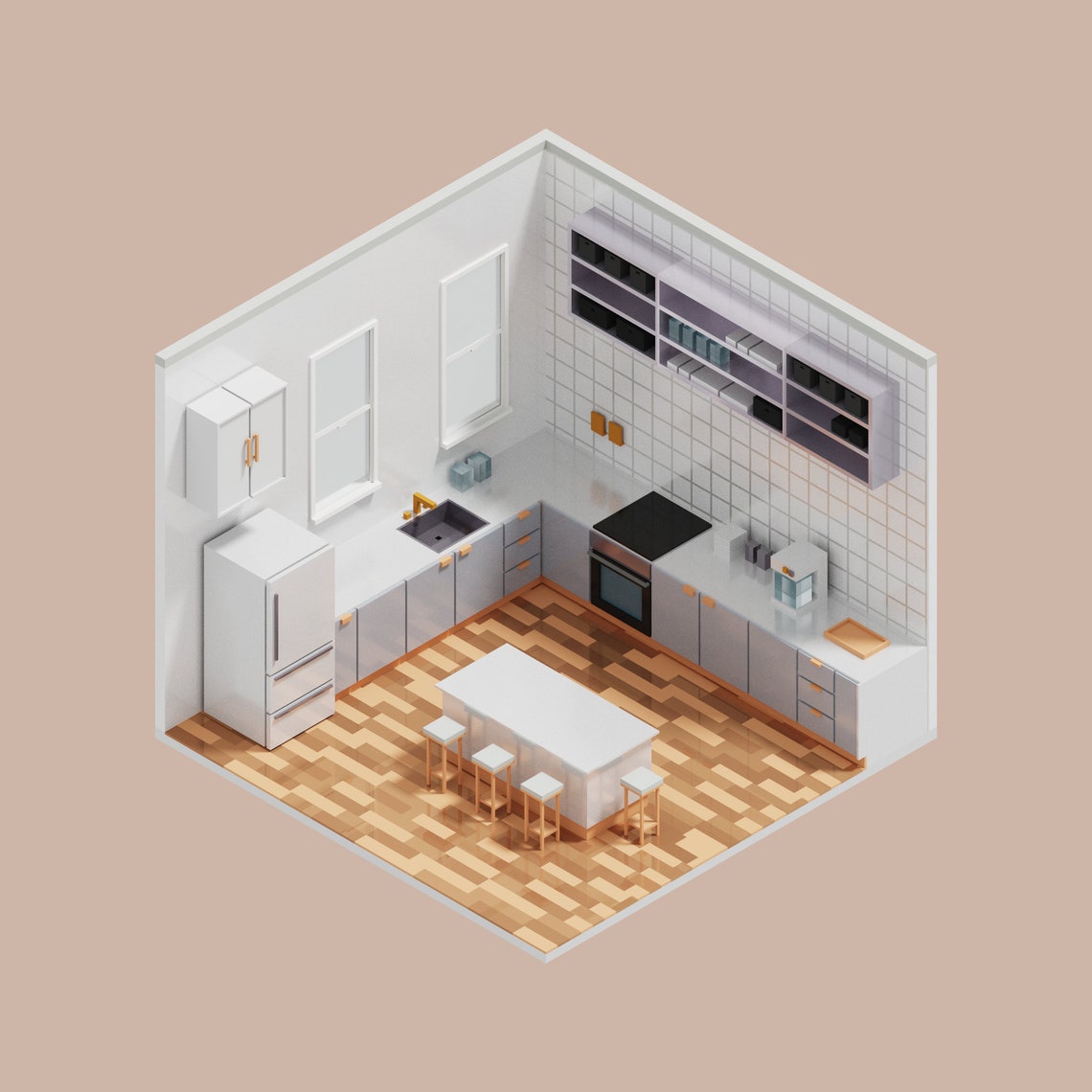 Kitchen - Voxel Model for 3D Print and Gaming, STL File, OBJ File, VOX File, Isometric House ...