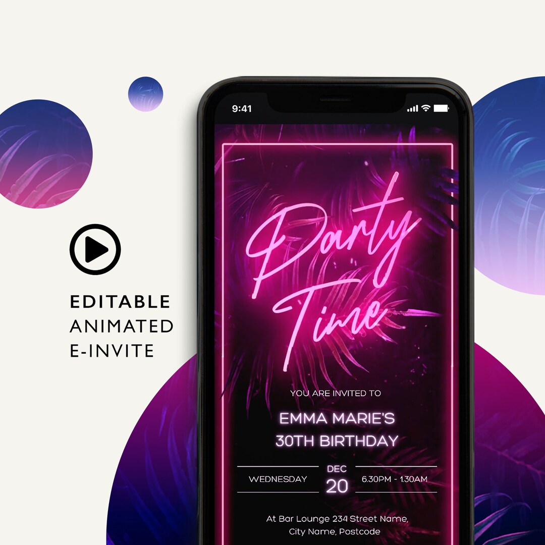 Animated Party Time Video Invitation, Neon Pink Editable Party ...