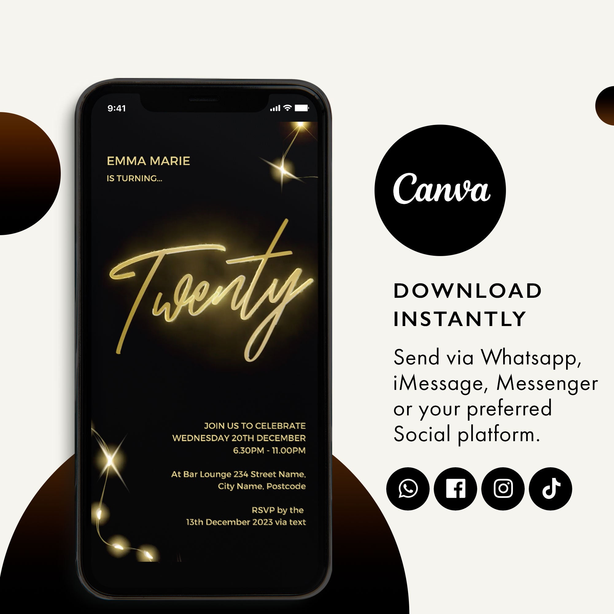 20th Birthday Invitation, E Invite and SMS Invitation, Black and Gold ...