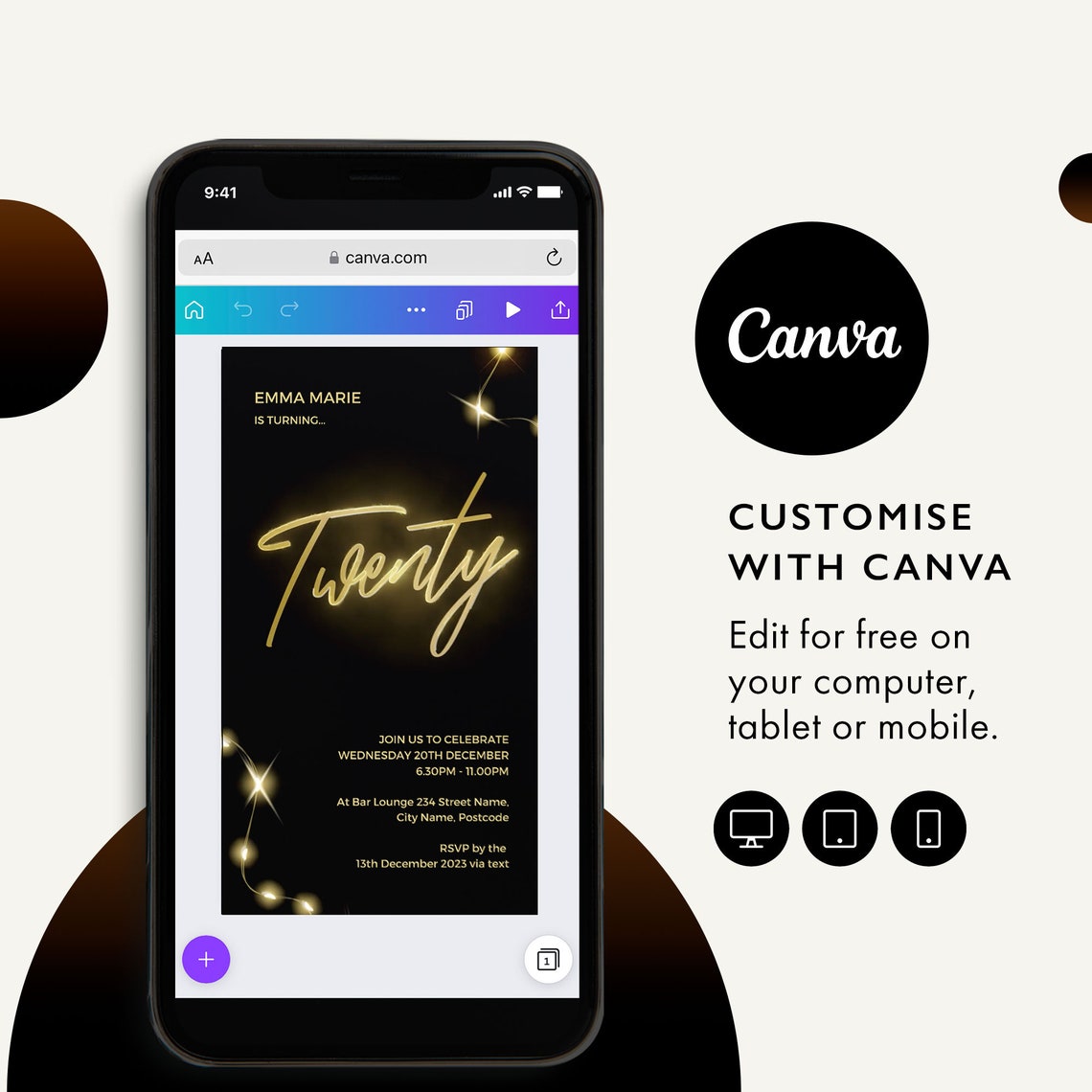 20th Birthday Invitation, E Invite and SMS Invitation, Black and Gold ...