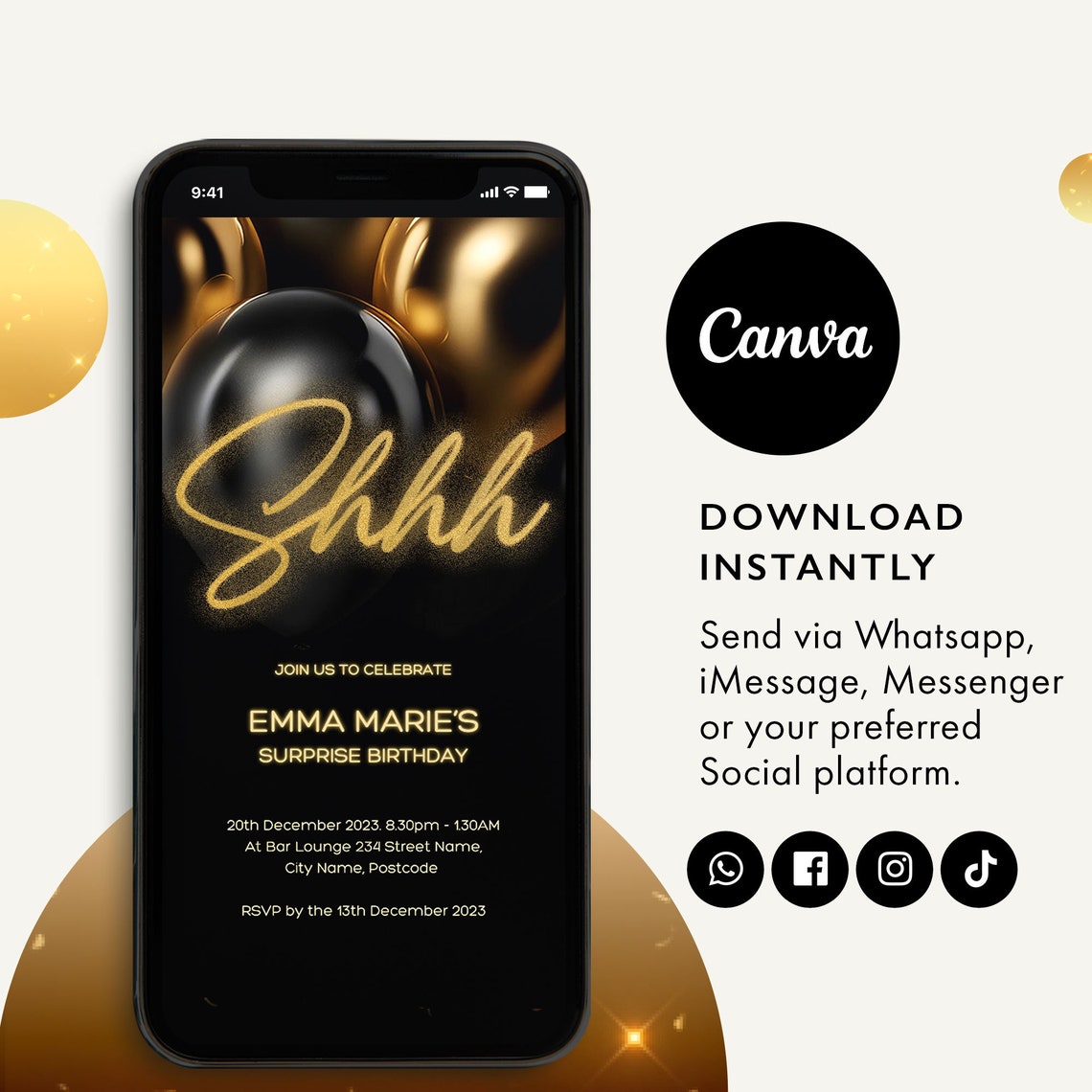 Shhh It's a Surprise, Editable Invitation Template DIGITAL DOWNLOAD ...