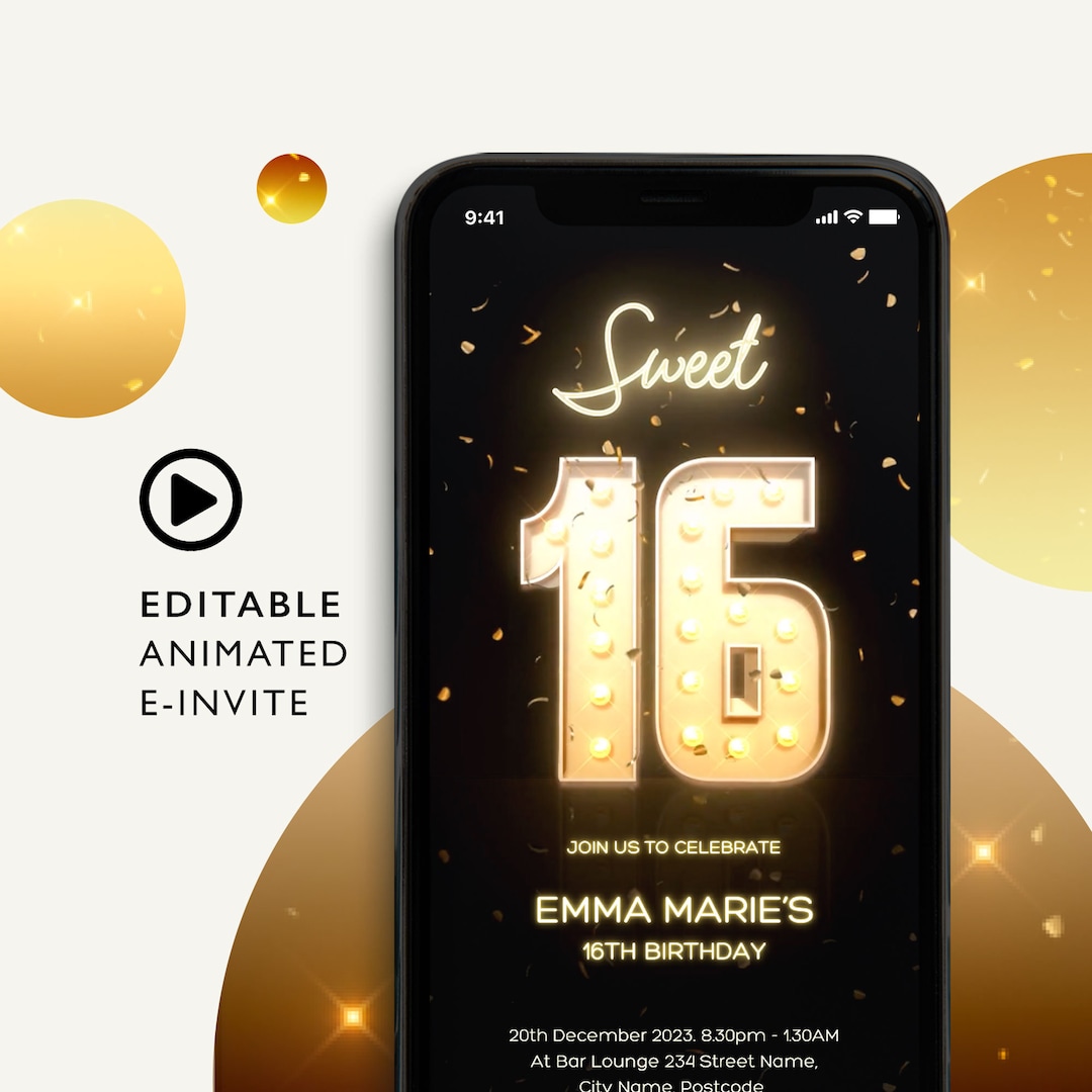 Sweet 16 E-vite: Animated Marquee Invitation Template - Etsy