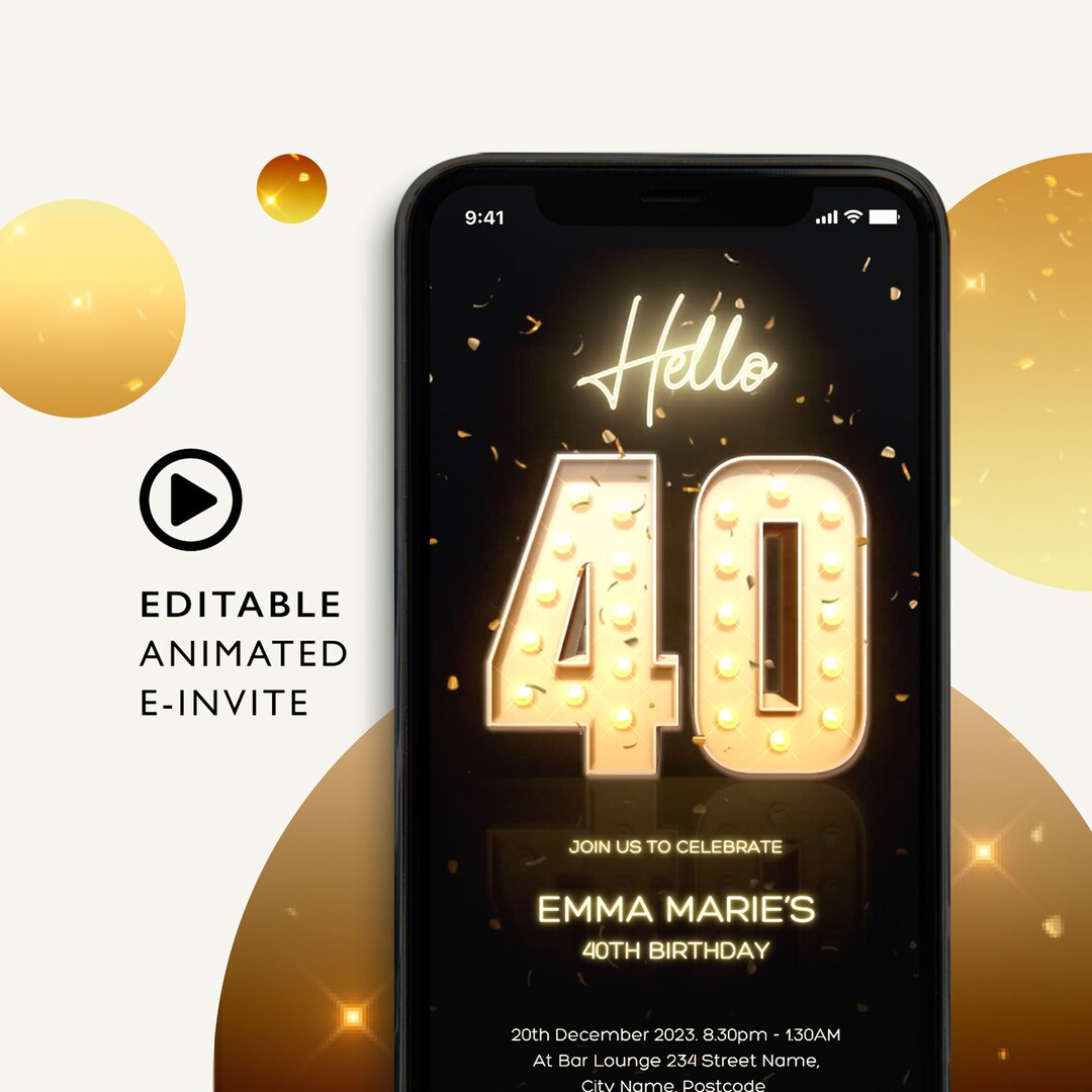 Animated 40th Birthday Invitation: Marquee Number Evite (digital ...