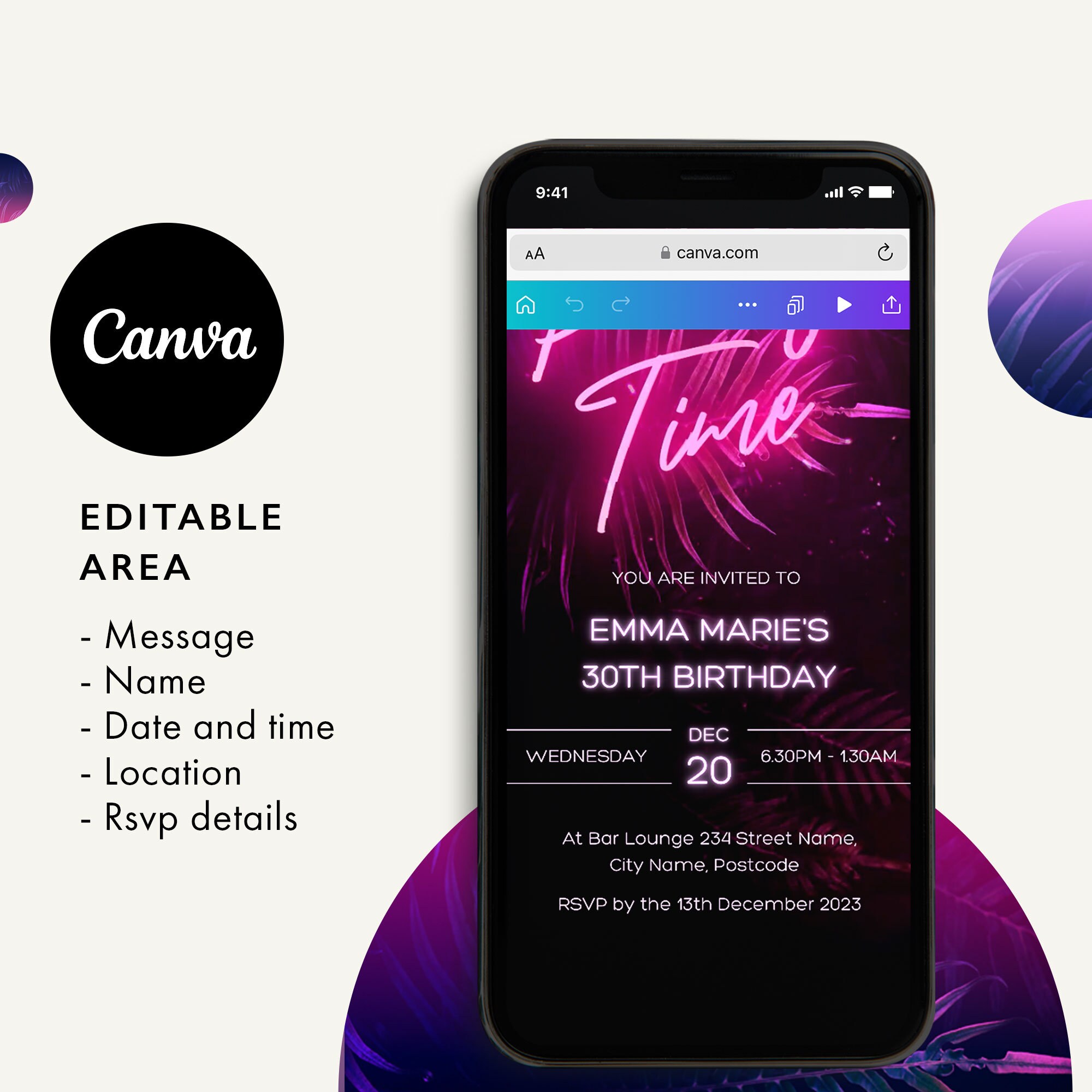 Animated Party Time Video Invitation, Neon Pink Editable Party ...