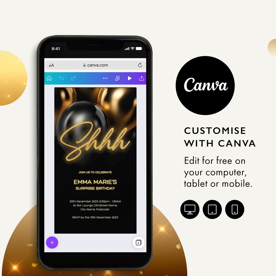 Shhh It's a Surprise, Editable Invitation Template DIGITAL DOWNLOAD ...