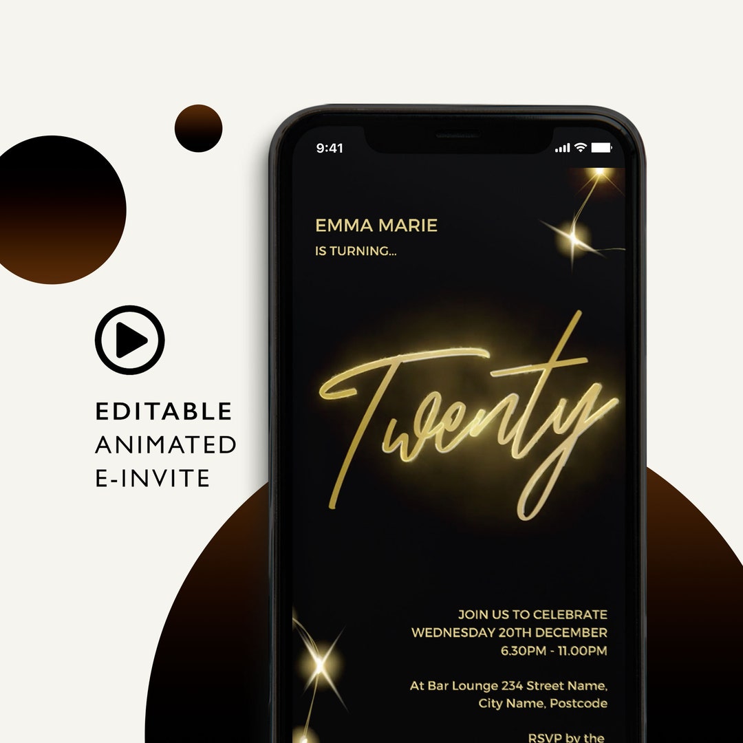 20th Birthday Invitation, E Invite and SMS Invitation, Black and Gold ...