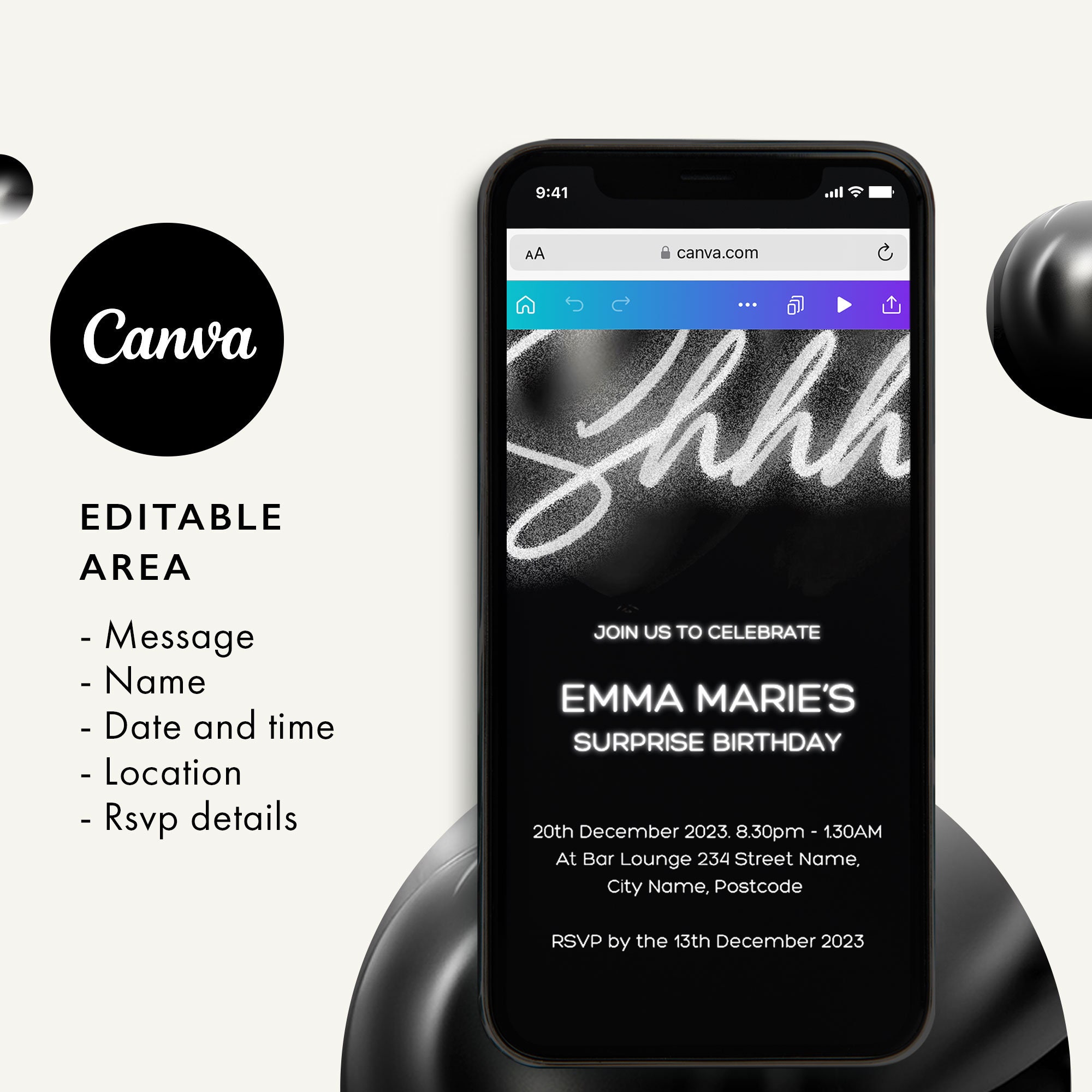 Shhh It's a Surprise, Editable Invitation Template DIGITAL DOWNLOAD ...