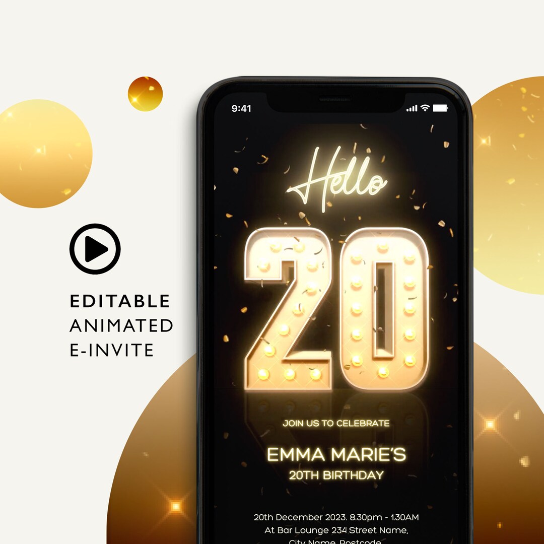 20th Birthday Invitation, Animated Marquee Number Video Invitation ...
