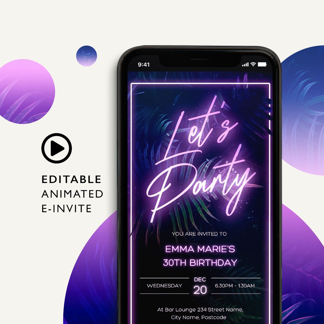 Animated Party Invitation, Neon Purple Evite Birthday Invitation ...