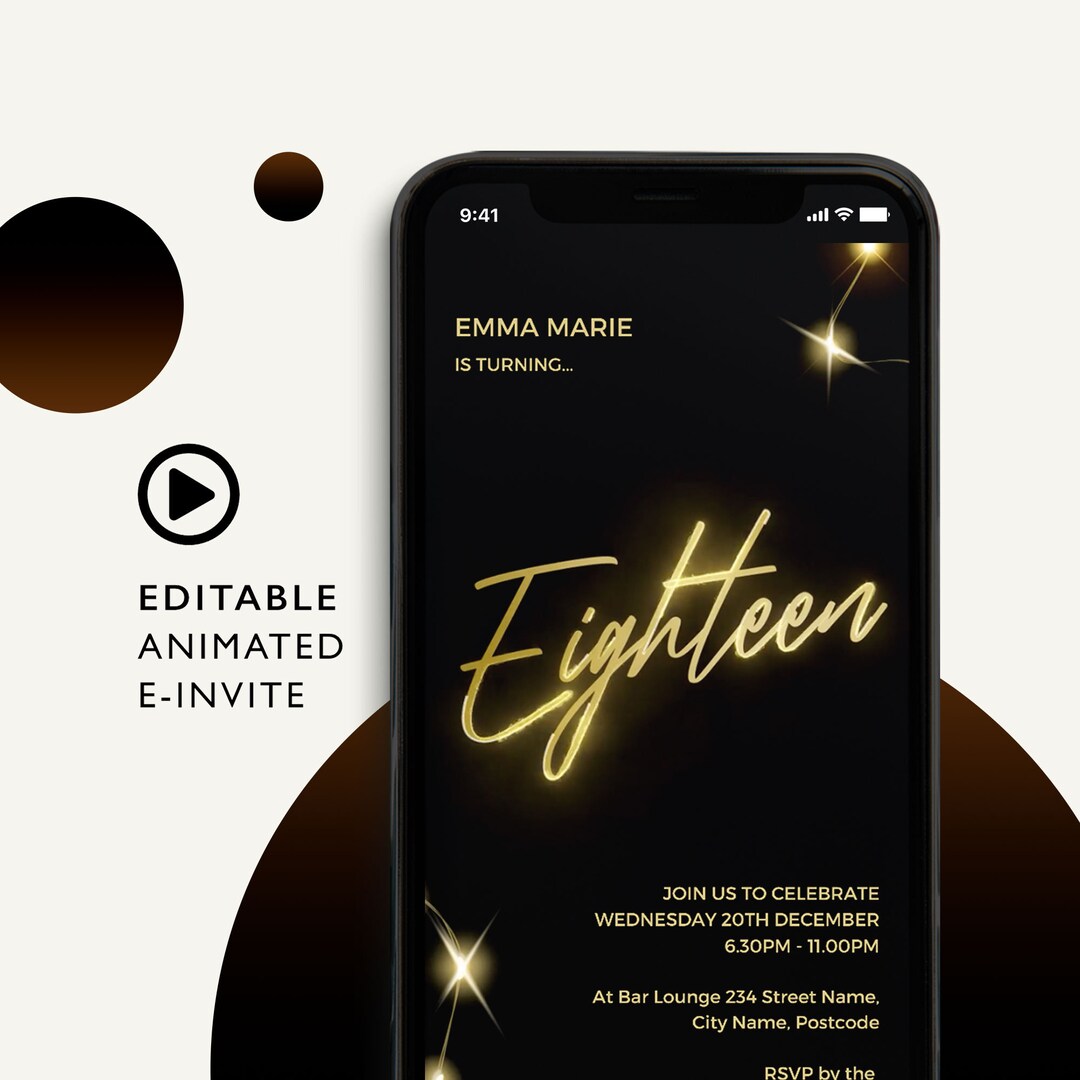 18th Birthday Invitation, E Invite SMS Invitation, Black and Gold Video ...