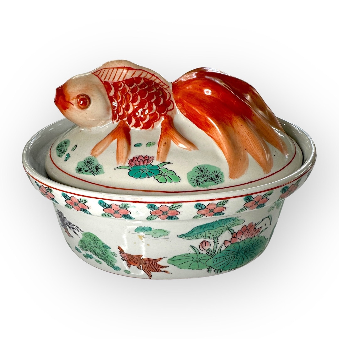Vintage Chinese Famille Rose Porcelain Koi Fish Tureen, Hand Painted ...