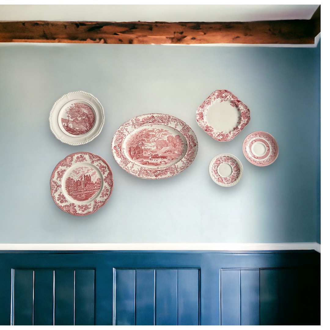 Vintage Pink Transferware Plate Wall Collection, Red Mismatched Plates ...
