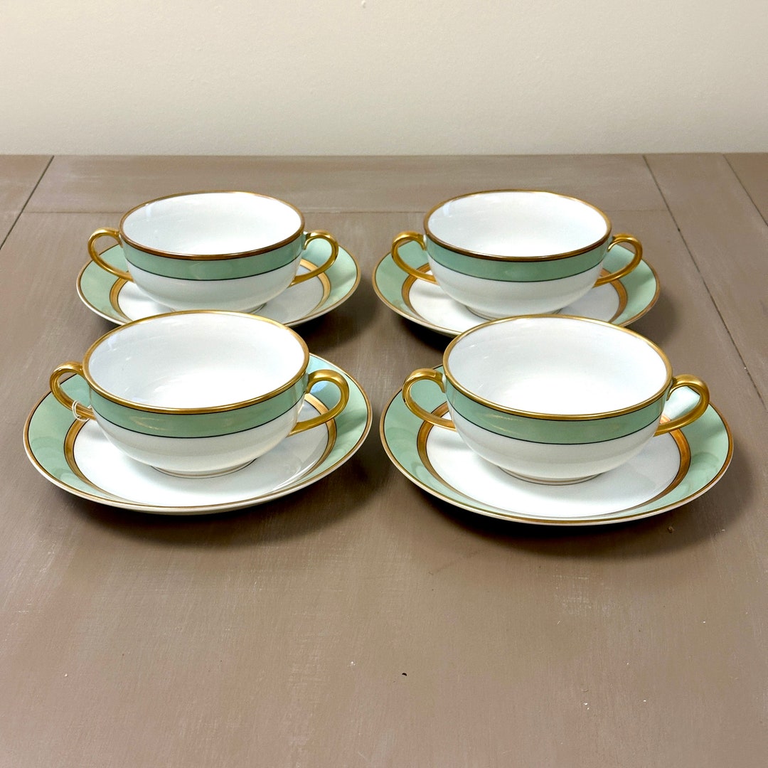 Flat Cream Soup Bowl and Saucer Set Renaissance Mint Green by FITZ and FLOYD, Two Handle Cup ...