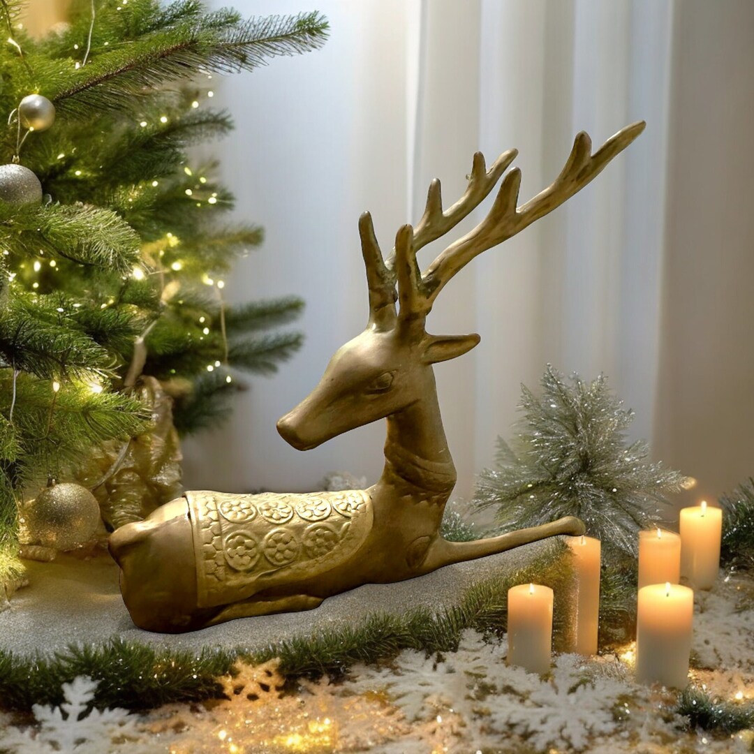 Vintage Large Brass Stag W Antlers Resting Seated Deer Figure Trinket ...