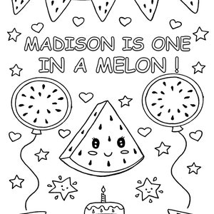 One in a Melon Birthday Coloring Sheets for Kids, Watermelon Party ...