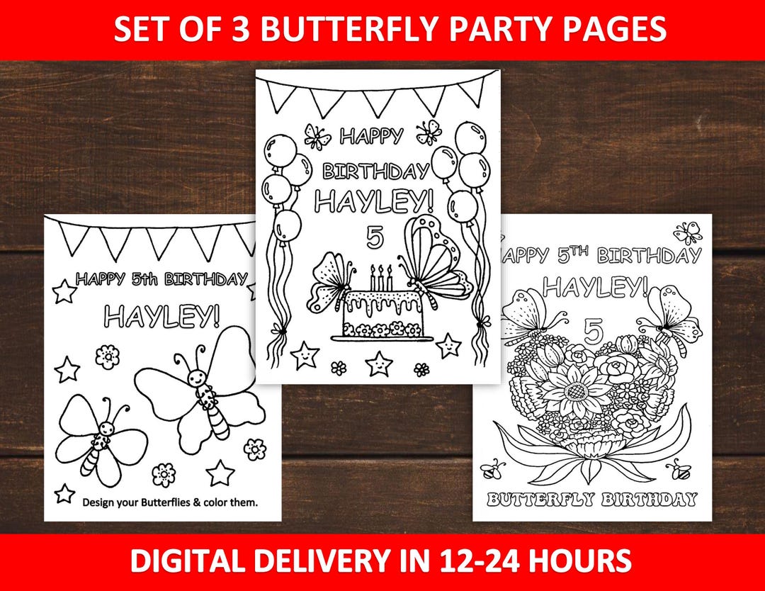 Butterfly Birthday Coloring Pages: Set of 3 Party Favors (PDF Download ...