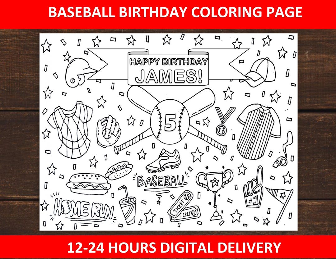 Personalized Baseball Birthday Coloring Page: Party Placemat (PDF ...