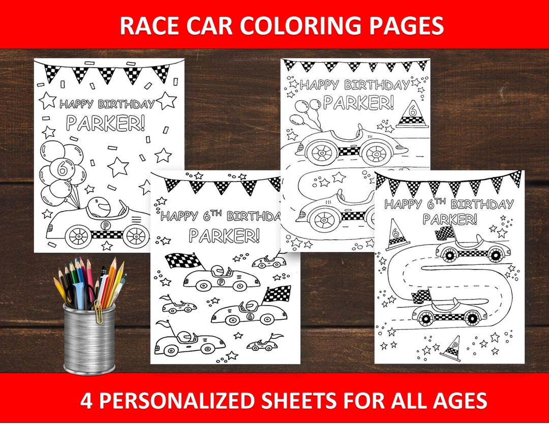 Race Cars Coloring Pages for Kids, Custom Racecar Party Favors, Cars ...