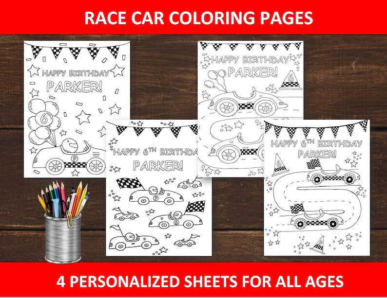 Race Cars Coloring Pages for Kids, Custom Racecar Party Favors, Cars ...