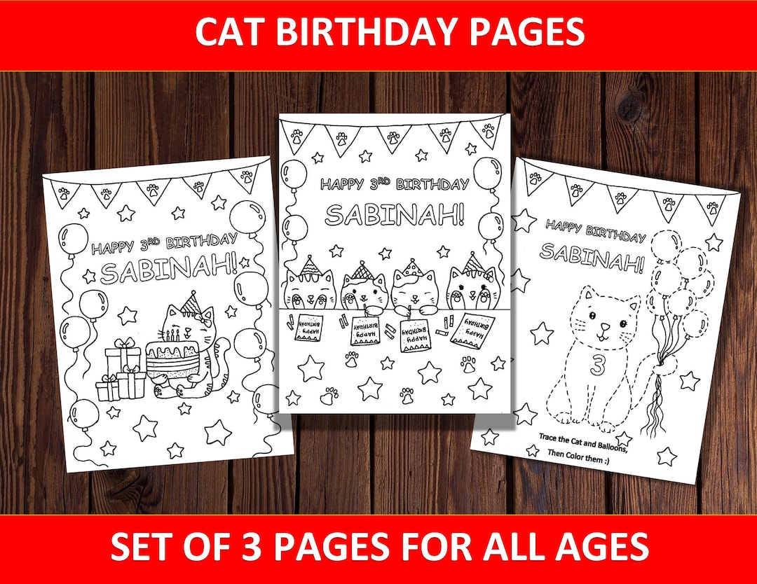 Kitty Cat Birthday Coloring Pages for Kids , Cat Party Favors Set of 3 ...