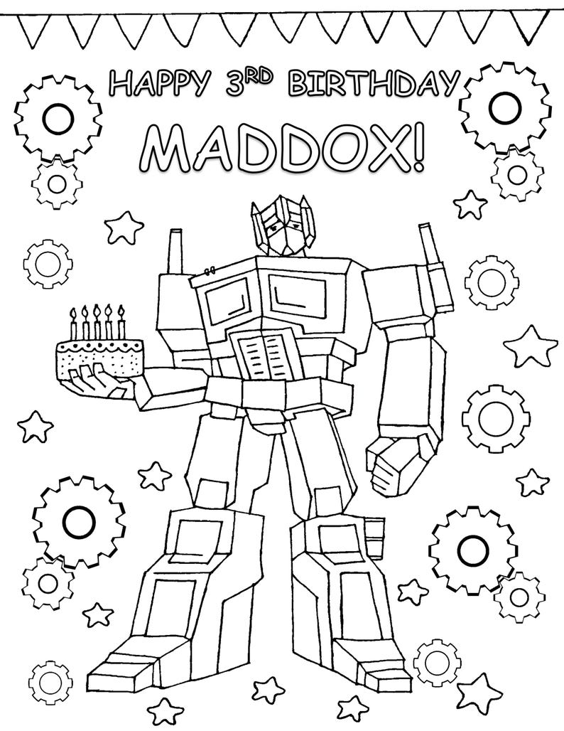 Personalized Robot Birthday Coloring Pages: Transformer Party Favors ...