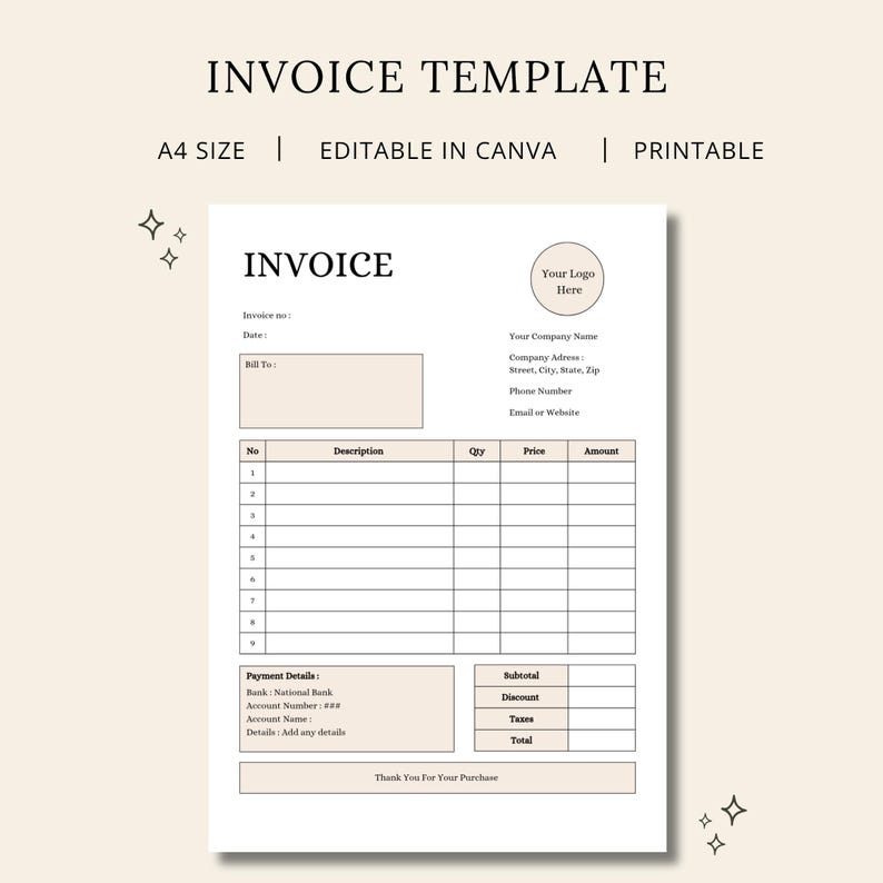 Invoice Template Editable, Small Business Invoice, Minimalist Business ...