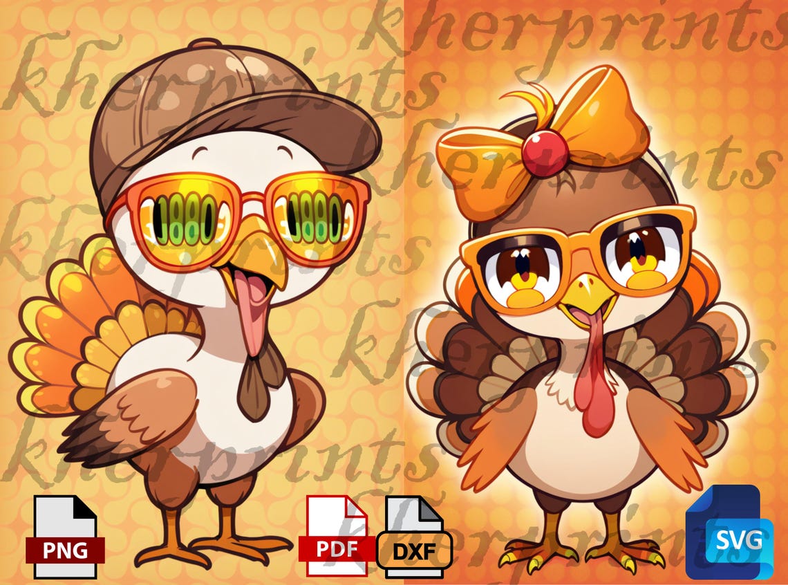 Adorable Thanksgiving Turkey PNG & SVG, Baby Girl and Boy Turkeys, Cute ...