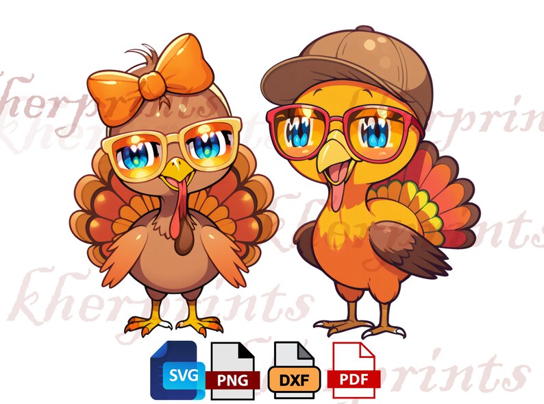 Adorable Thanksgiving Turkey PNG & SVG, Baby Girl and Boy Turkeys, Cute ...