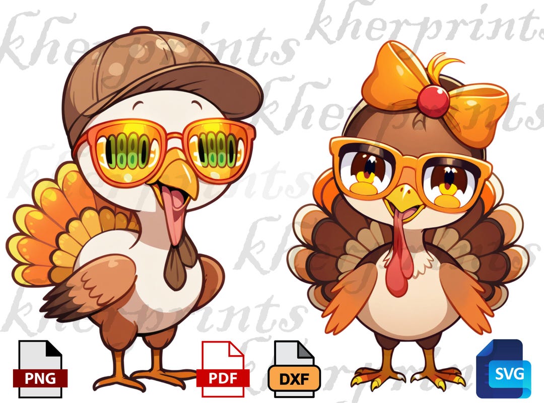 Adorable Thanksgiving Turkey PNG & SVG, Baby Girl and Boy Turkeys, Cute ...