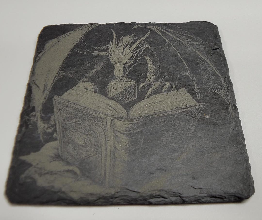 Dnd Slate Coaster | Laser Engraved | Dragon With a Magic Book or Tome ...