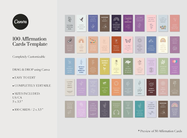 100 Positive Affirmation Cards, Printable Affirmation Cards, Editable ...